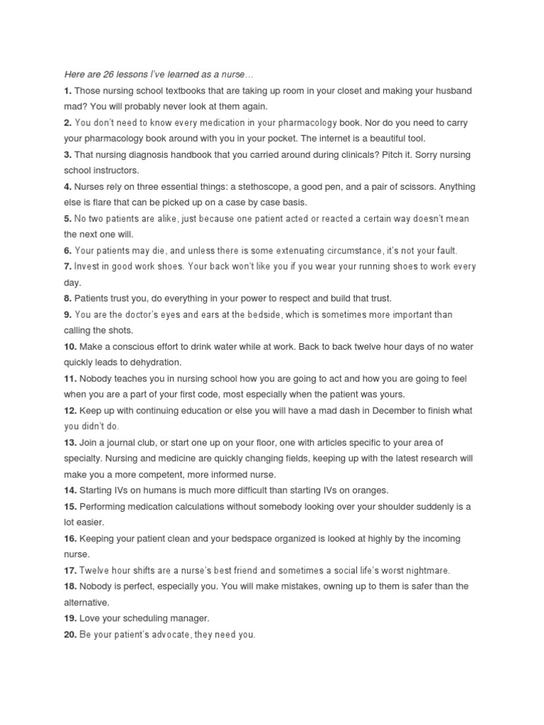26 Lessons Learned As A Nurse | PDF | Nursing | Health Sciences