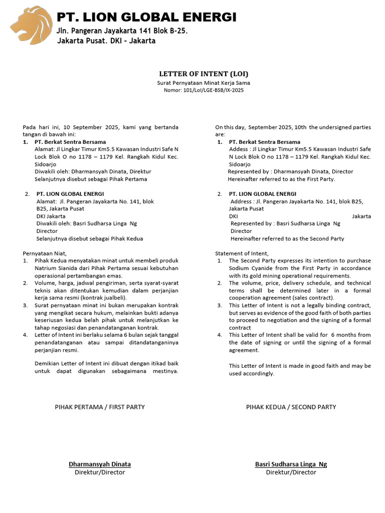 LOI Pembelian Natrium Sianida LGE | PDF