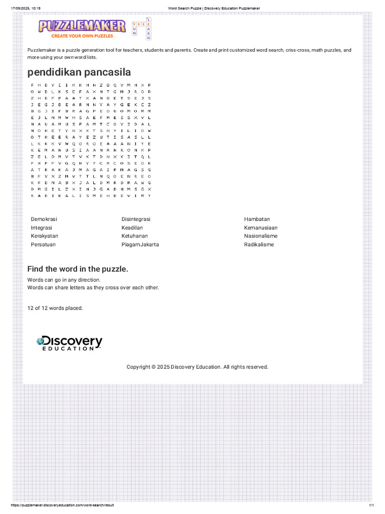 Word Search Puzzle - Discovery Education Puzzlemaker | PDF