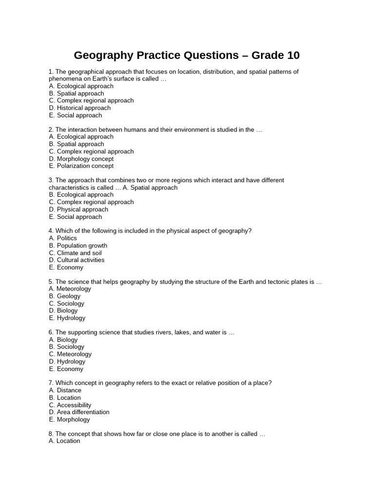 Grade 10 Geography Practice Questions | PDF | Geography | Earth Sciences