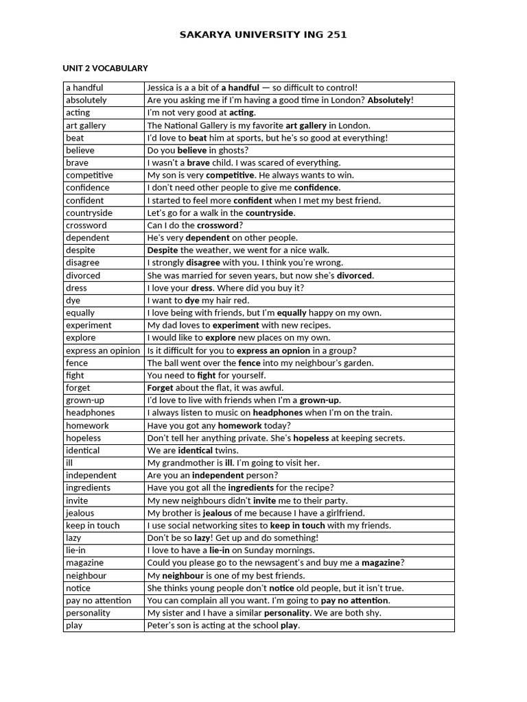 Vocabulary List for ING 251 Unit 2 | PDF