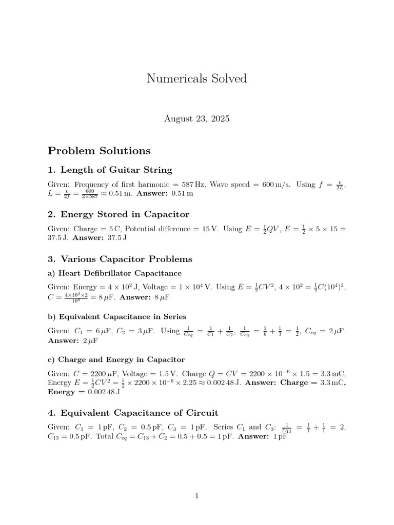 Numericals Solved: Problem Solutions | PDF | Capacitor | Capacitance