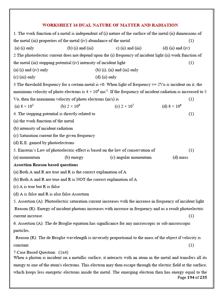 Photoelectric Effect and Atomic Structure Worksheet | PDF | Electron ...