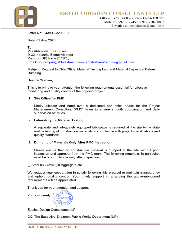 Request For Site Office, Material Testing Lab, and Material Inspection ...