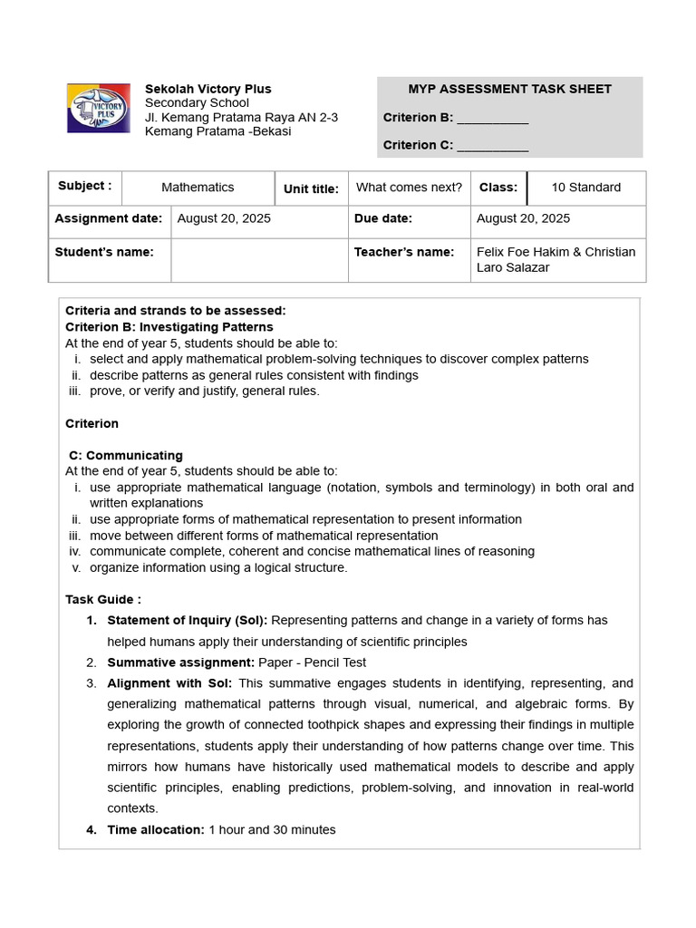 MYP Math Task: Investigating Patterns | PDF | Mathematics | Reason
