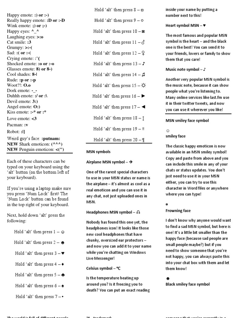 Emoticons & Symbols Shortcuts | PDF | Symbols | Computing And ...