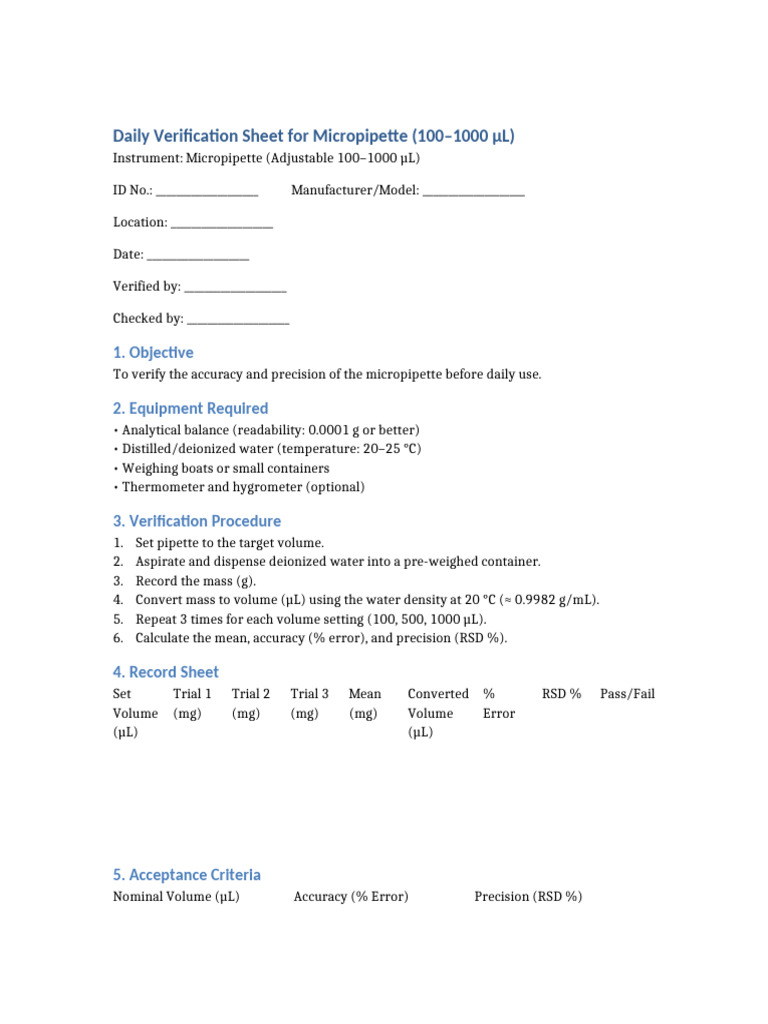 Daily Verification Sheet Micropipette | PDF