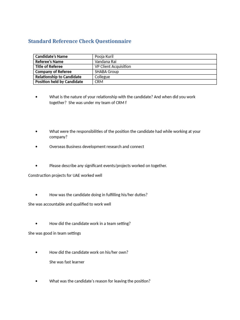 Standard Reference Check for Pooja Kuril | PDF