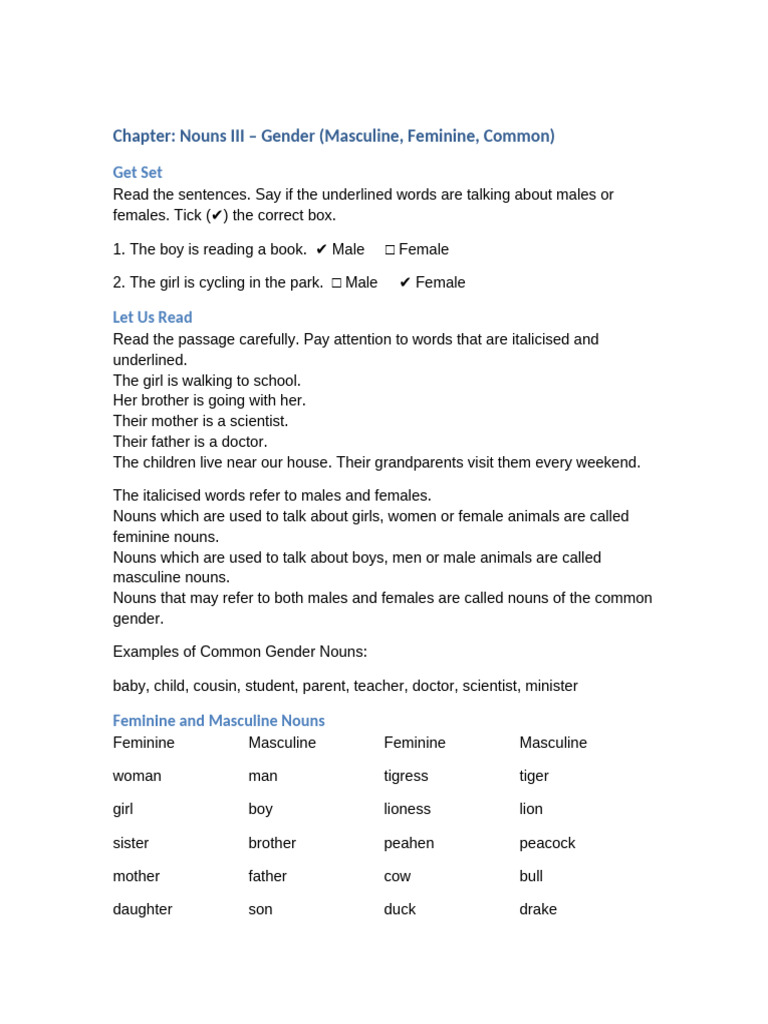 Nouns Gender Formatted Notes | PDF | Grammatical Gender | Linguistics