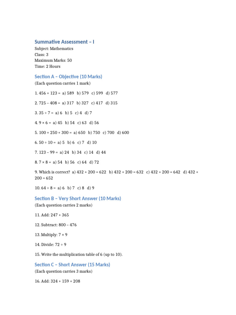 Grade 3 Mathematics Assessment Test | PDF