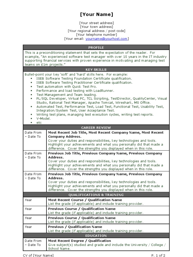 Software Tester CV Template | PDF