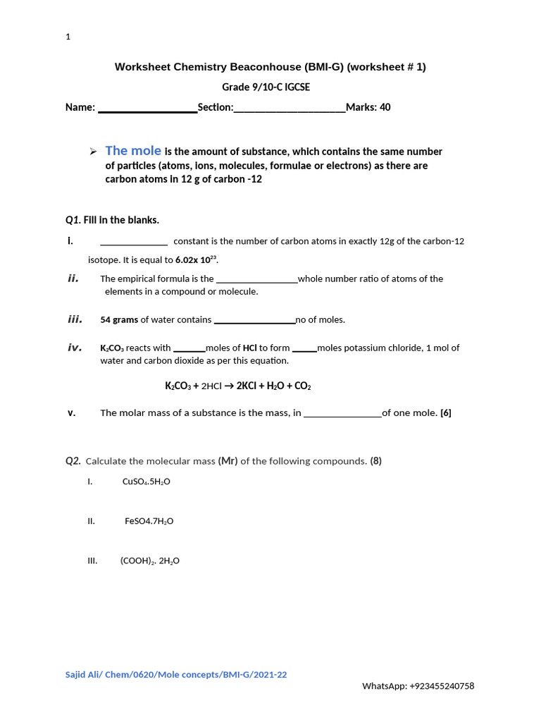 Grade 9 IGCSE Chemistry Mole Worksheet | PDF | Mole (Unit) | Molecules