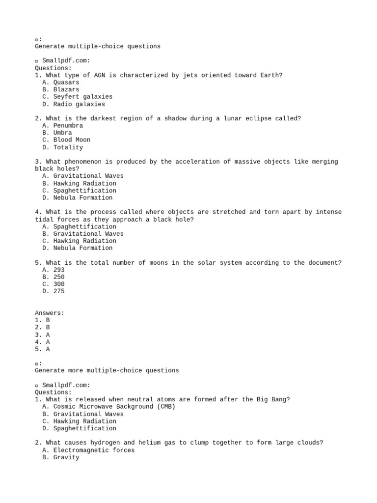 Astronomy Multiple-Choice Questions | PDF | Black Hole | Stars