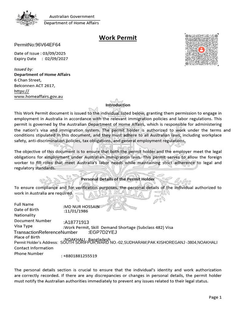 Australia Work Permit for Employment | PDF | Employment | Salary
