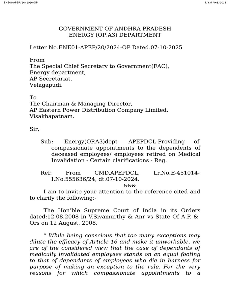 Clarification Letter To CMD APEPDCL On Compassionate Appointments | PDF ...