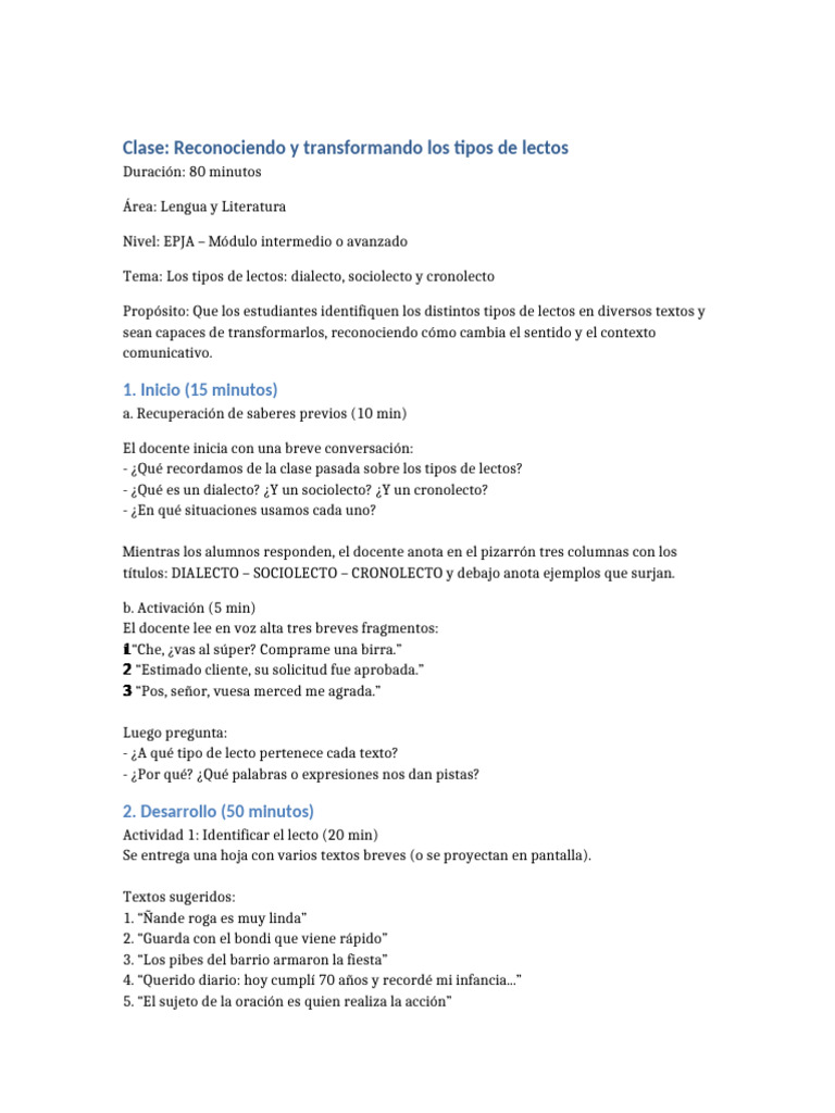 Clase EPJA Tipos de Lectos | PDF