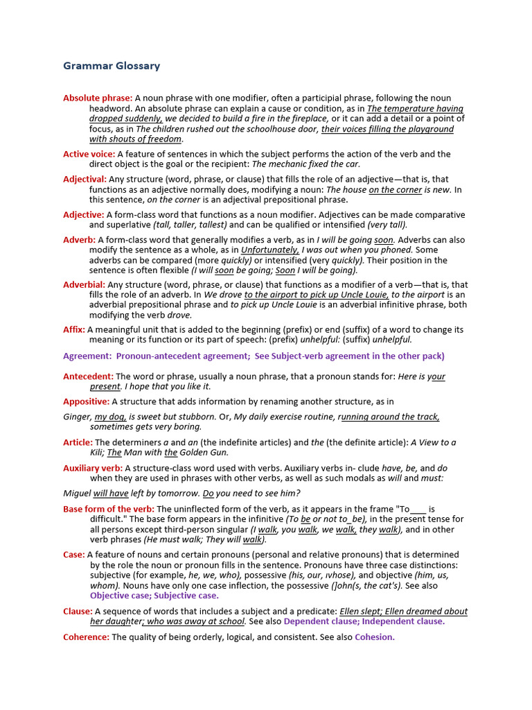 Essential Grammar Terms Explained | PDF | Verb | Adjective