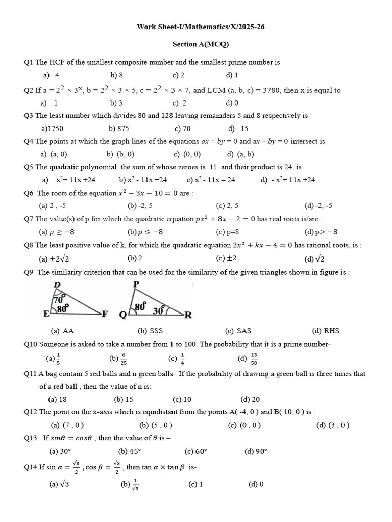 Work Sheet-1 Class 10 Maths | PDF | Zero Of A Function | Quadratic Equation