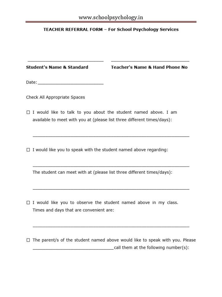 TEACHER REFERRAL FORM For School Psychology Services | PDF ...