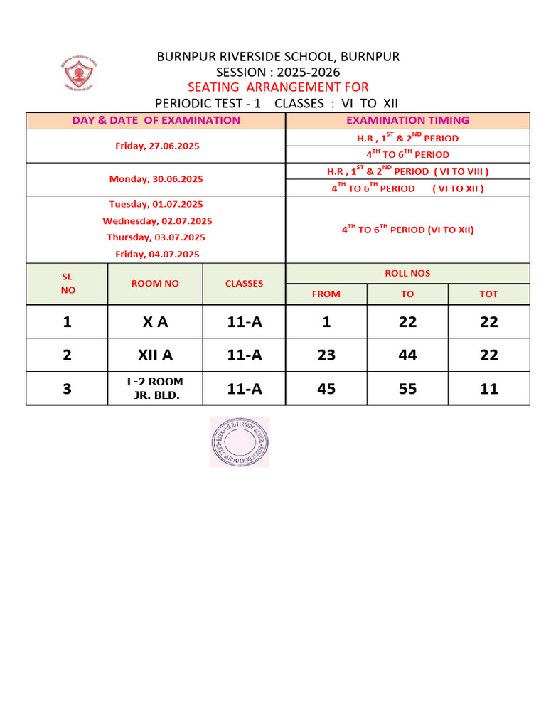 Seating Arrangement for Periodic Test 1 | PDF