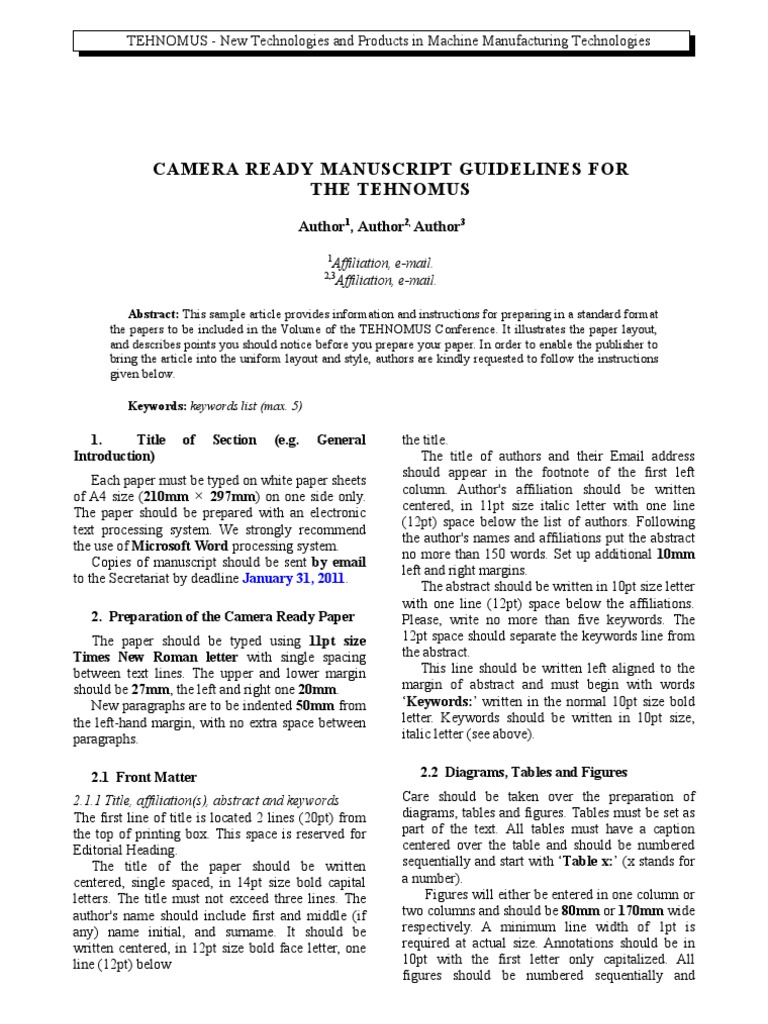 Camera Ready Manuscript Guidelines For The Tehnomus: Author, Author ...