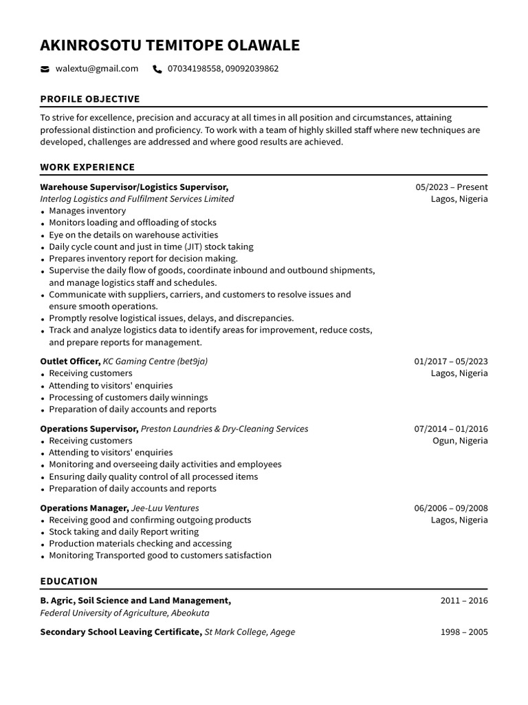 Akinrosotu Temitope Olawale Resume | PDF | Logistics | Lean Manufacturing