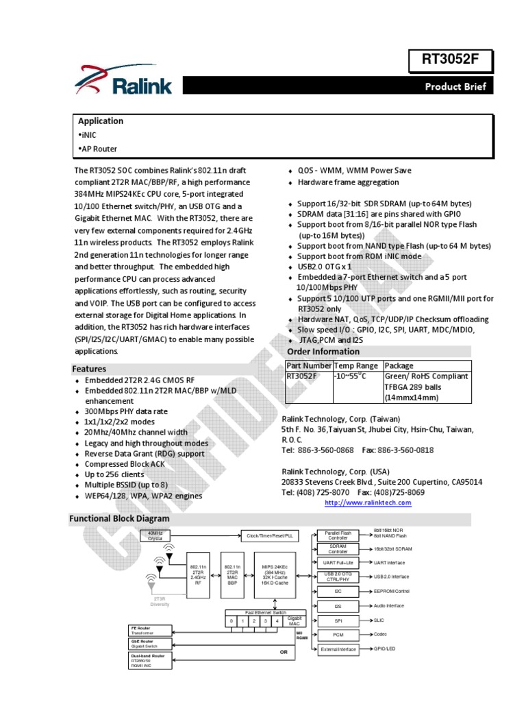 RT3052F Brief | PDF | Flash Memory | Usb