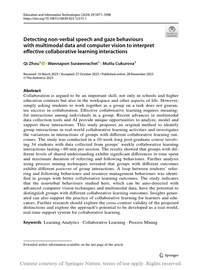 Analyzing Non-Verbal Behaviors in Collaborative Learning | PDF ...