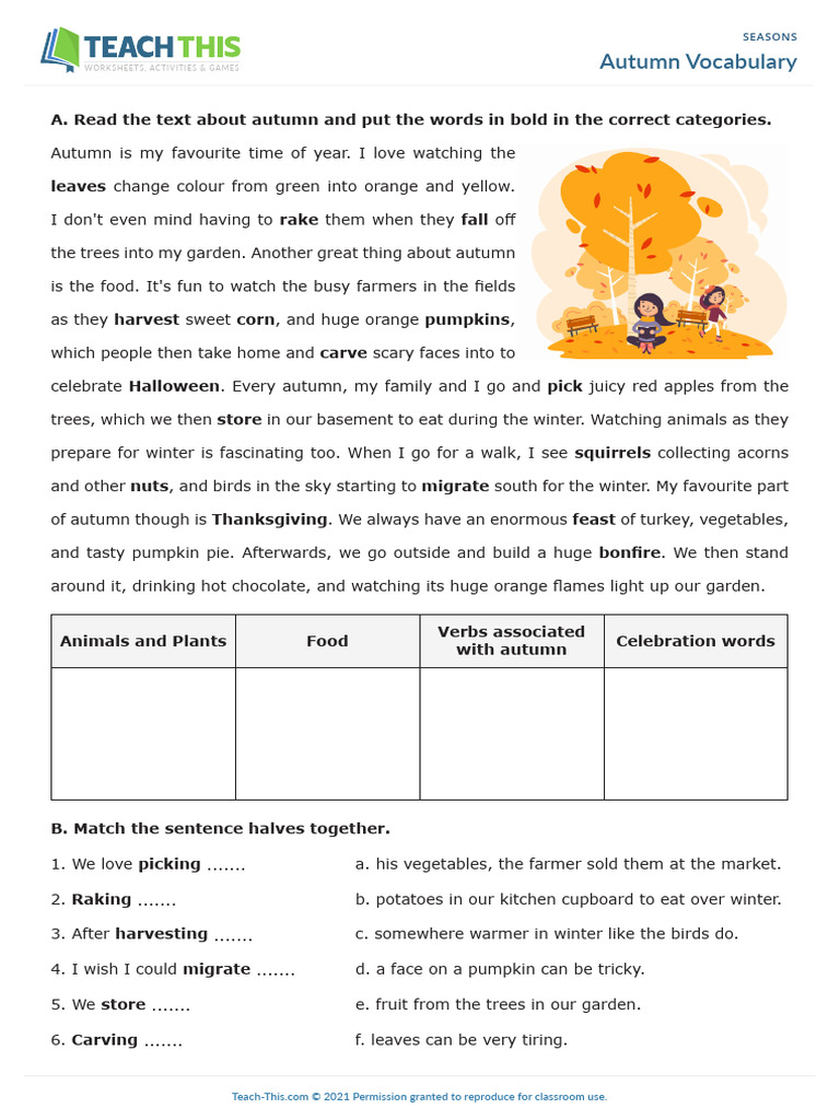 Autumn Vocabulary Worksheet | PDF | Pumpkin | Vegetables