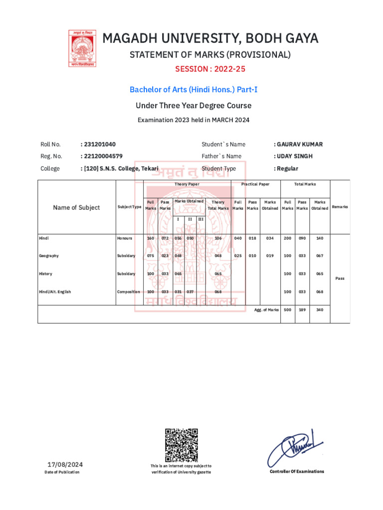 Marksheet - Magadh University, Bodh Gaya | PDF | Academic Degree ...