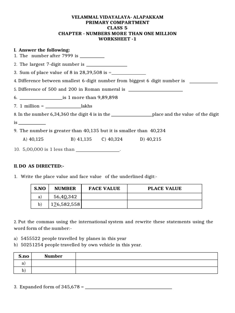 Numbers More Than One Million - Class 5 | PDF | Numbers | Chess