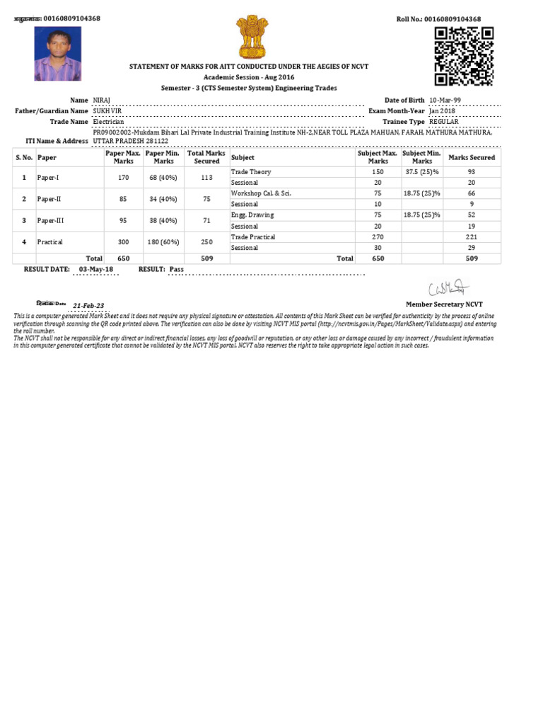 Marksheet R160809104368 3 | PDF | Applications Of Cryptography | Access ...