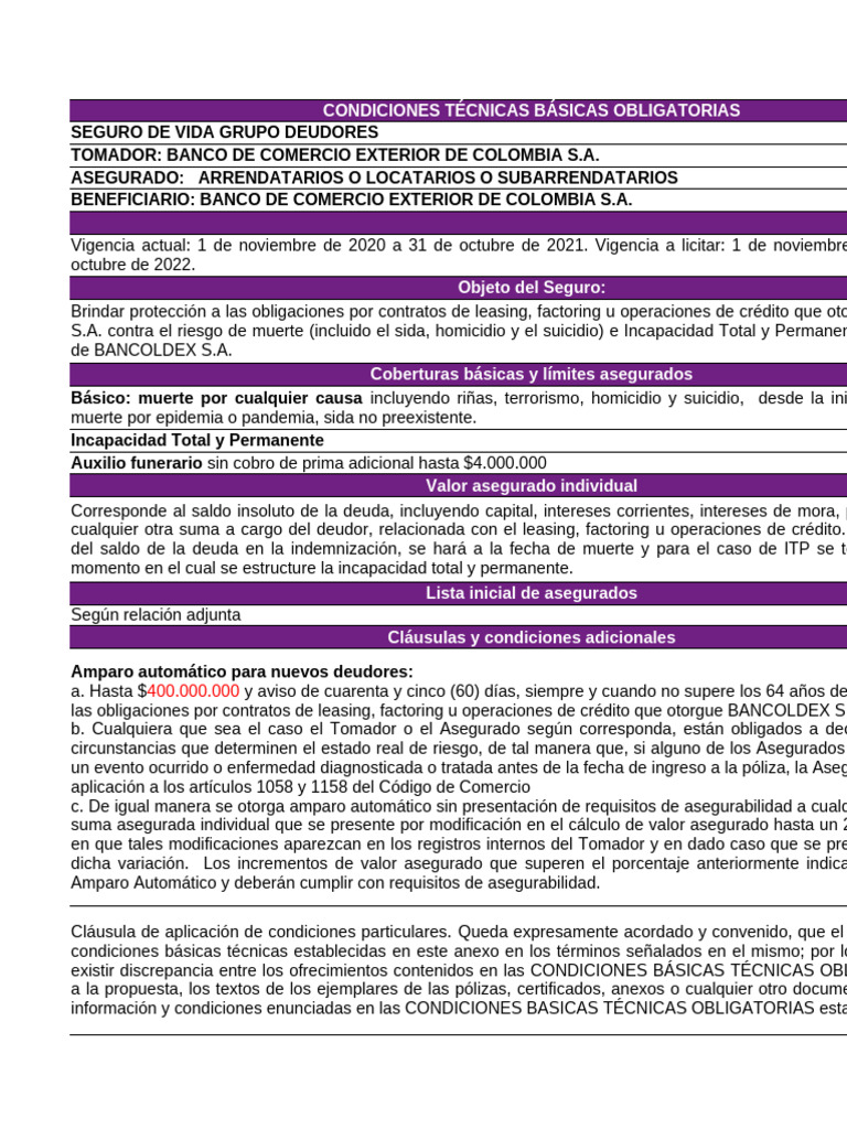 Condiciones Particulares Polizas Vida Deudor Creditos Comerciales | PDF ...