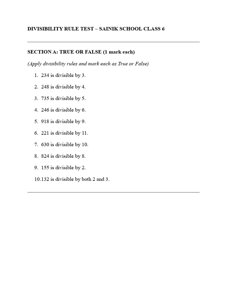Divisibility Rules Test for Class 6 | PDF | Chess Theory | Chess