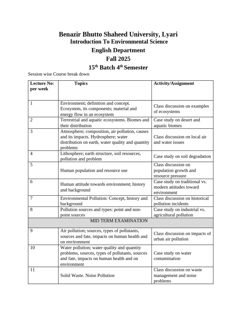 Environmental Science Course Outline | PDF | Natural Environment ...