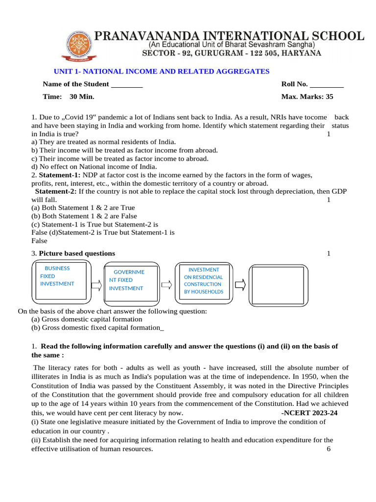Class 12 Economics Worksheets Compiled | PDF | Measures Of National Income And Output | Literacy