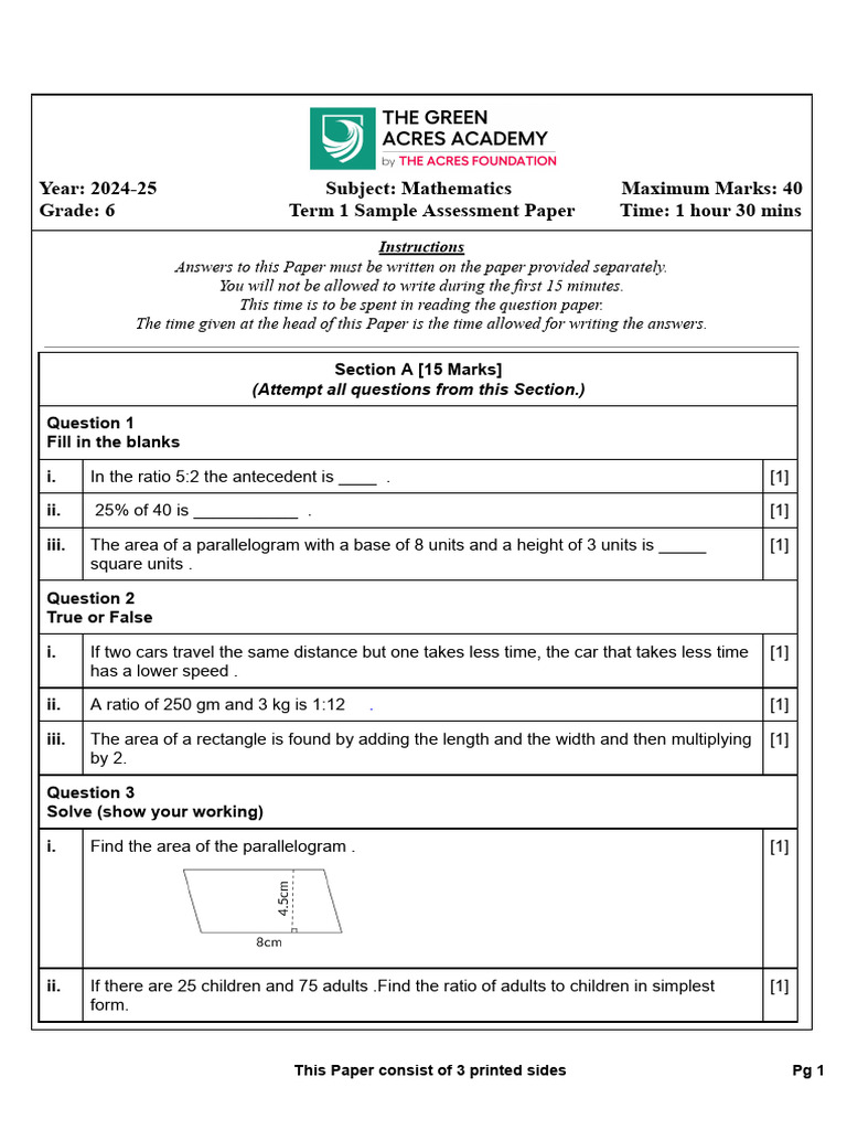 Grade 6 Sample Term 1 QP (2024-25) | PDF | Area