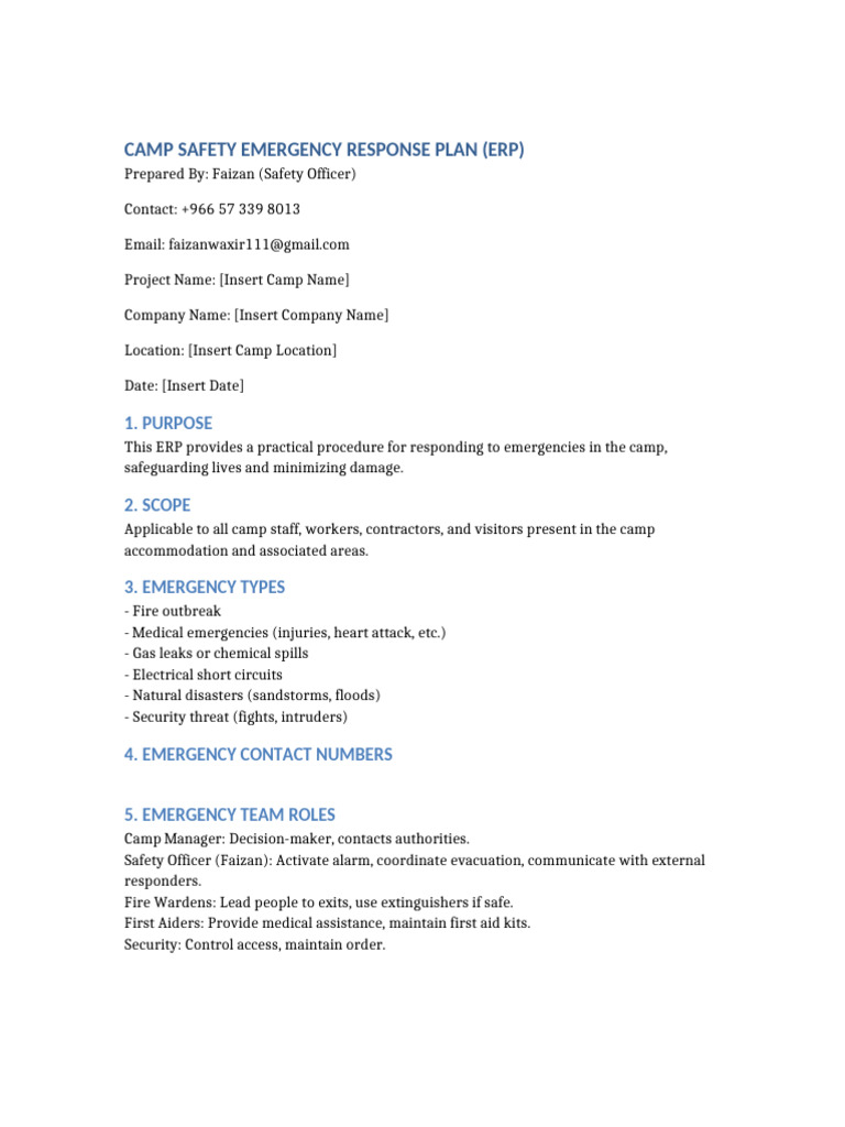 Camp Emergency Response Plan Guide | PDF | Emergency | First Aid