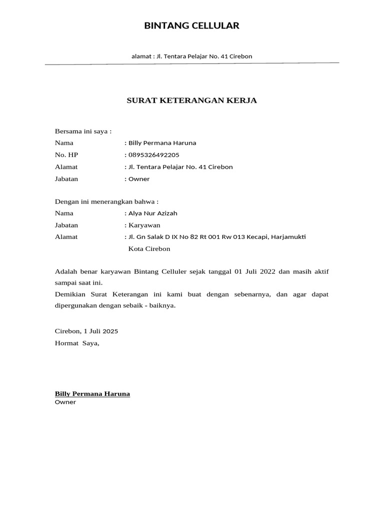 Surat Keterangan Kerja Karyawan Bintang Cellular | PDF