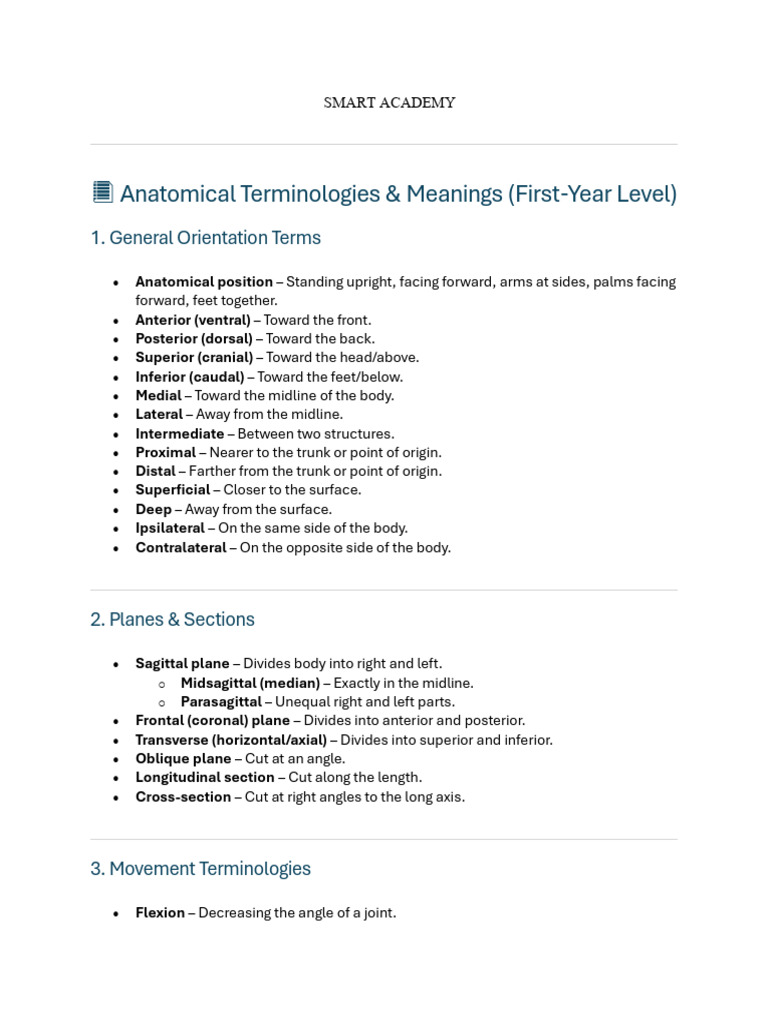 Anatomical Terminologies Overview | PDF | Anatomical Terms Of Motion ...