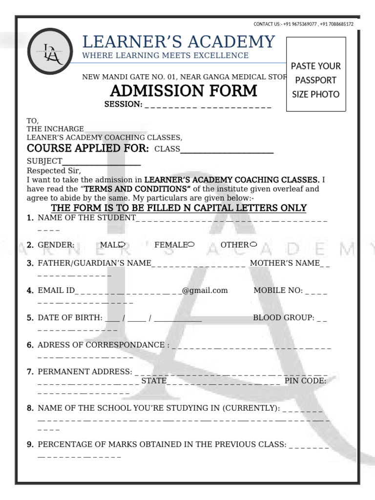 Admission Form Learner's Academy | PDF | Chess Theory | Chess