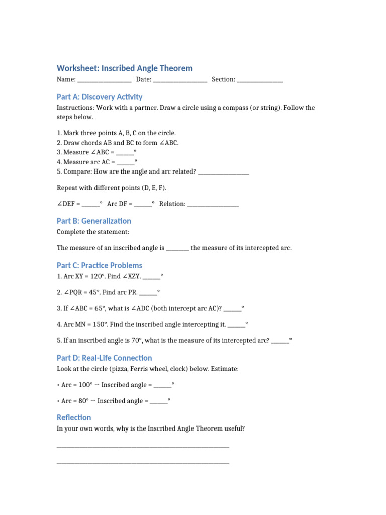 Worksheet Inscribed Angle Theorem | PDF