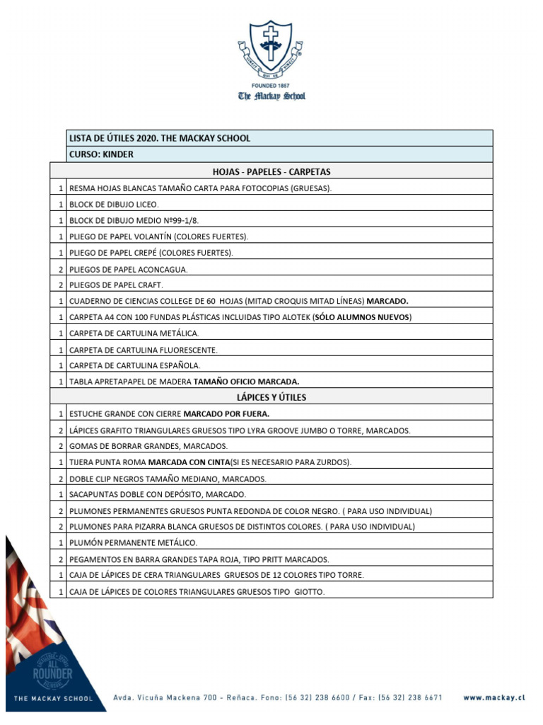Útiles Escolares Kinder 2020 Mackay School | PDF | Lápiz | Implementos ...