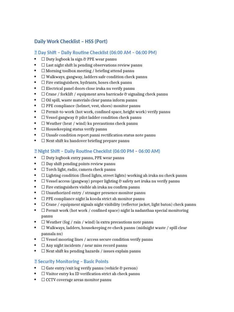 Daily Work Checklist HSS | PDF