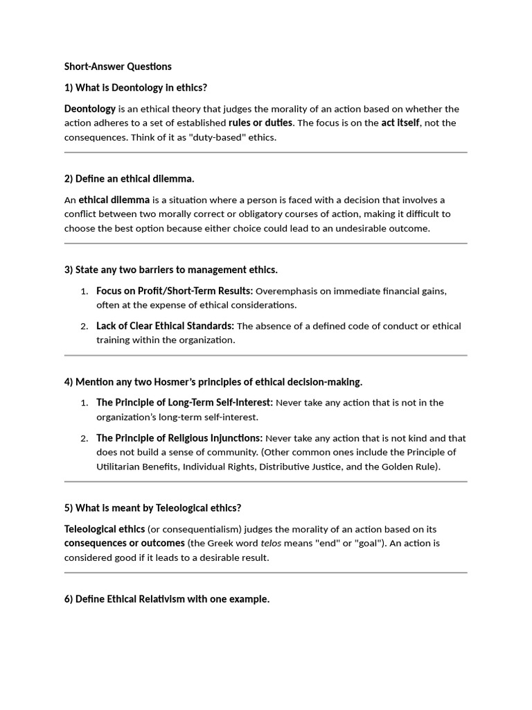 Ethics Mid Question Bank Ans. | PDF | Morality | Utilitarianism