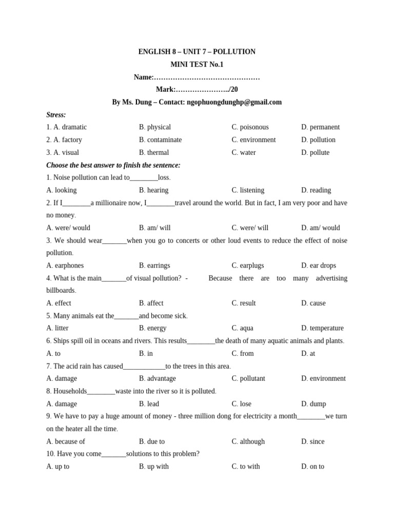Unit 7 Pollution Exercises | PDF | Pollution | Environmental Issues