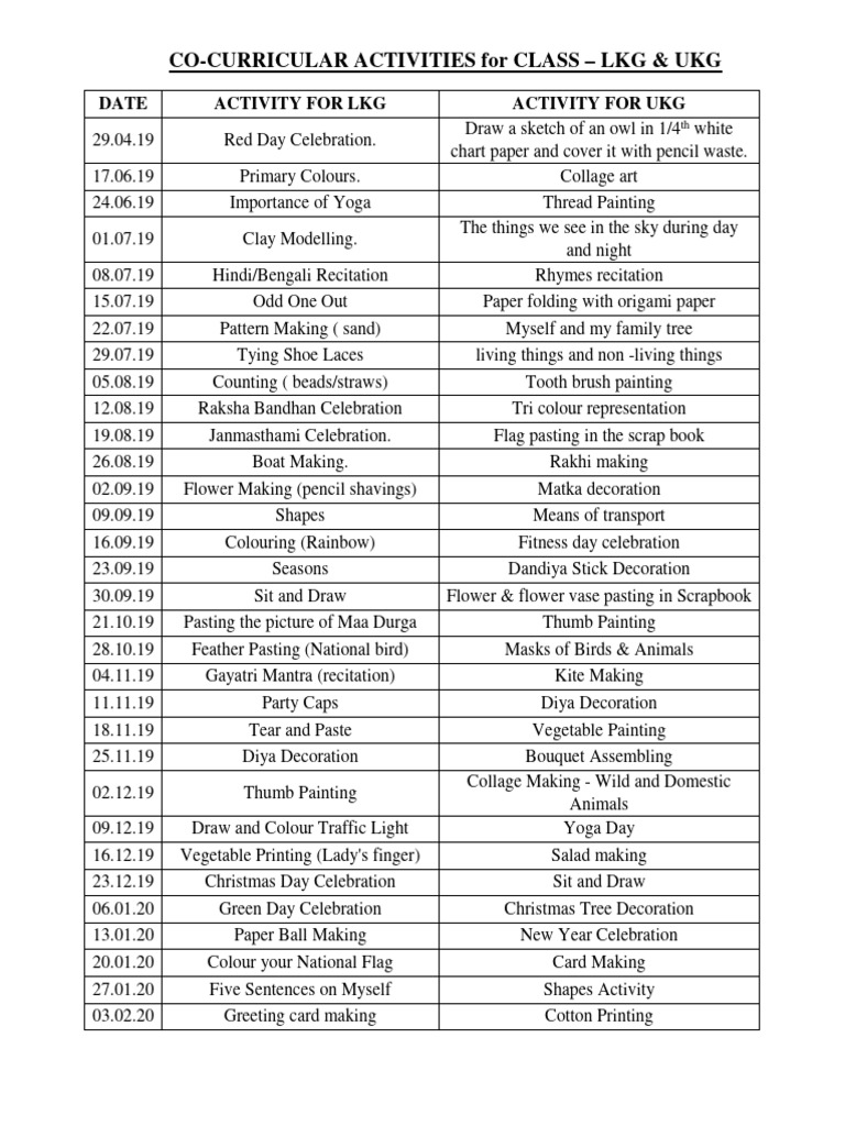 Co-Curricular Activity Calendar For LKG To Class II - 2019-20 | PDF ...