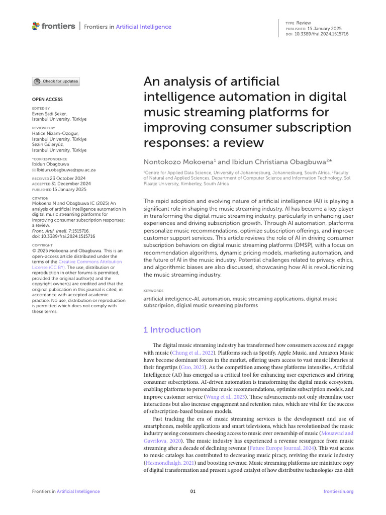An Analysis of Artificial Intelligence Automation in Digital Music Streaming Platforms For ...