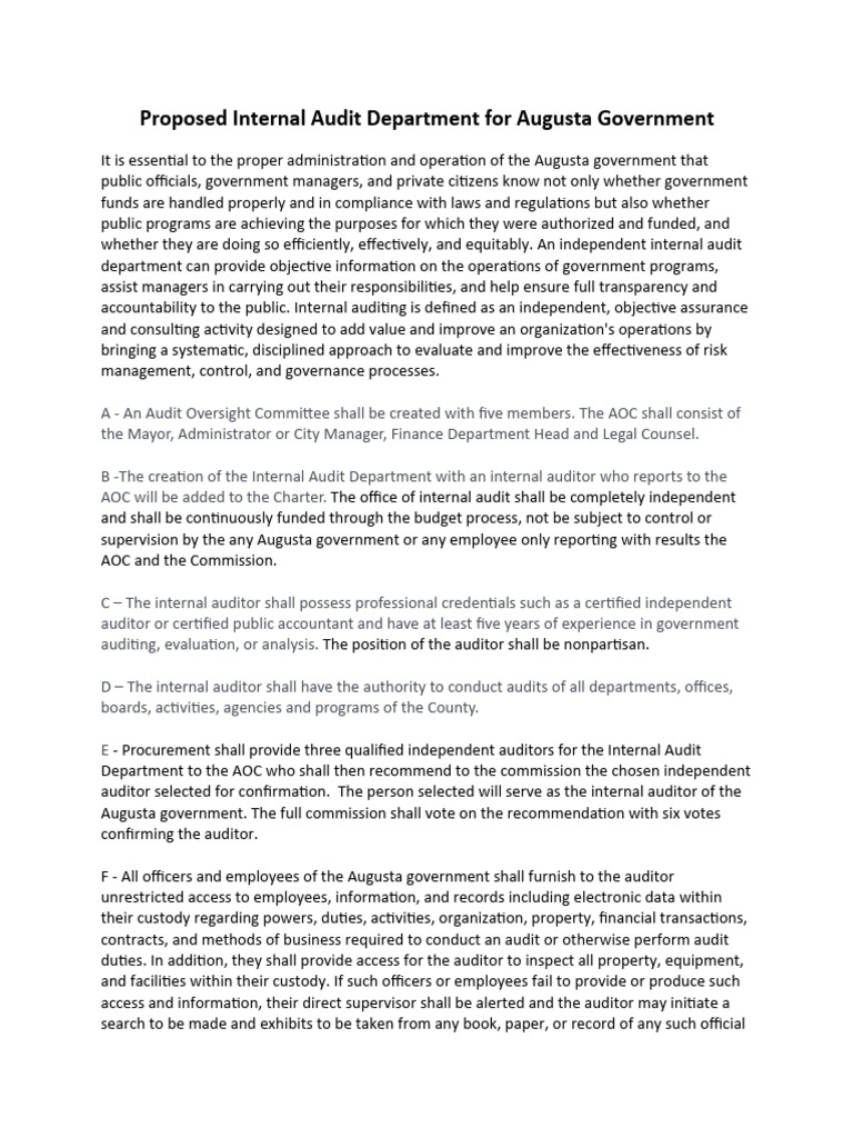 Internal Audit Department Proposal for Augusta | PDF | Internal Audit ...