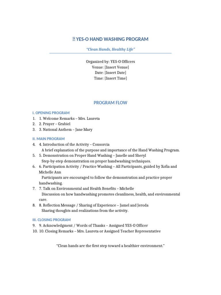YES-O Hand Washing Program Overview | PDF
